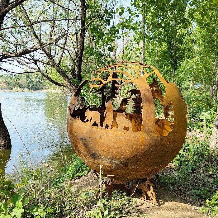 Corten Steel Sphere Outdoor Fire Pit Rustic Red Wood Burning Fire Pit Table