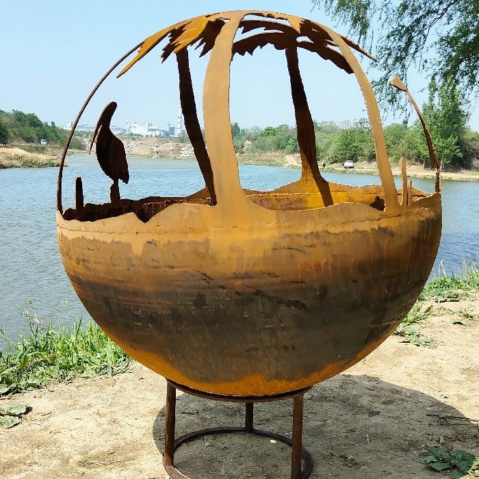 60cm Hnjbl Wood Burning Round Corten Fire Pit Sphere Rustic Red Or ...